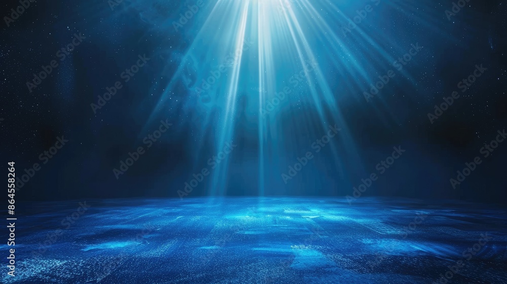 Dark blue background glowing light blue ray spotlight stage studio ...
