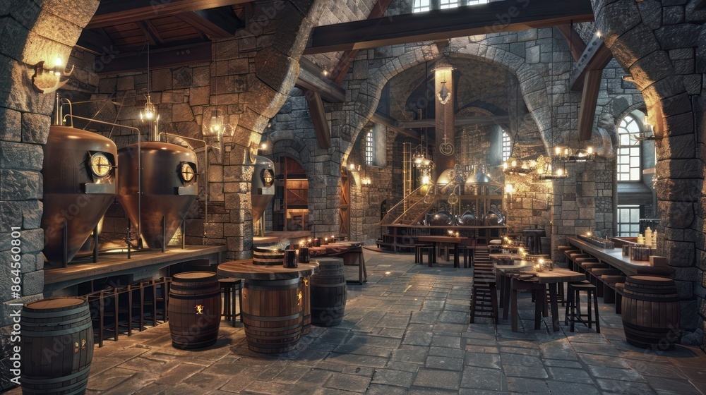 medieval-inspired brewery with thick stone walls, creating a cool ...