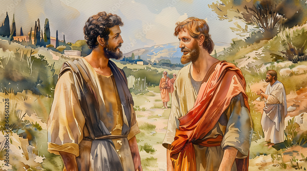 The encounter of Jesus with two disciples on the road to Emmaus, Jesus, disciples, road to ...