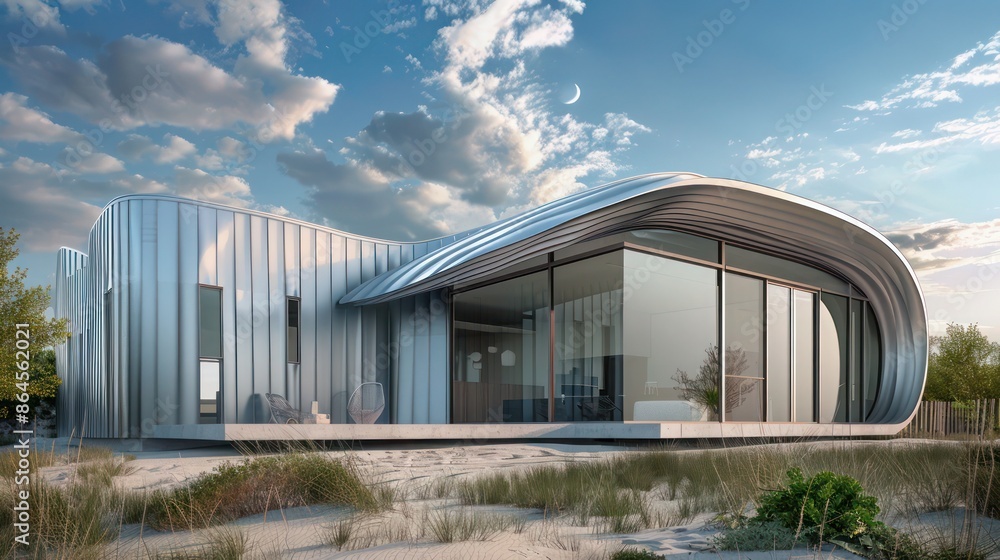 modernist beach house with wave-like aluminum siding, designed to ...