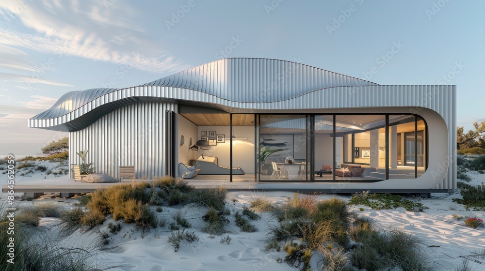 modernist beach house with wave-like aluminum siding, designed to ...