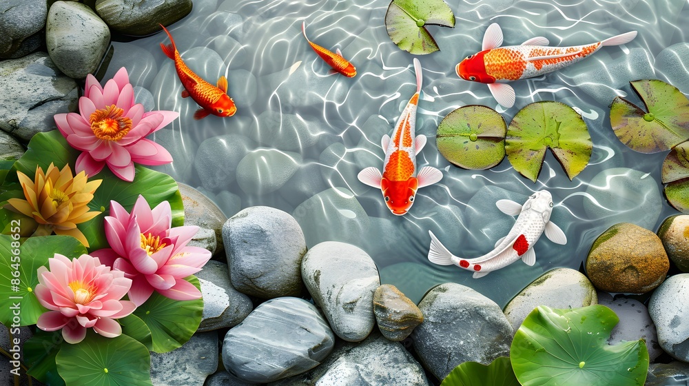 High quality image for design 3d floor and wallpaper. Fish and flowers ...