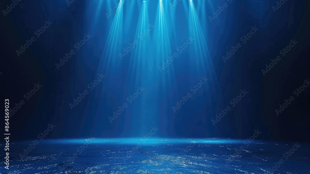 Dark blue background glowing light blue ray spotlight stage studio ...