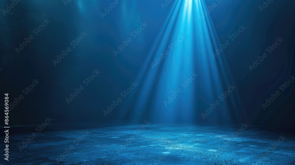 Dark blue background glowing light blue ray spotlight stage studio ...