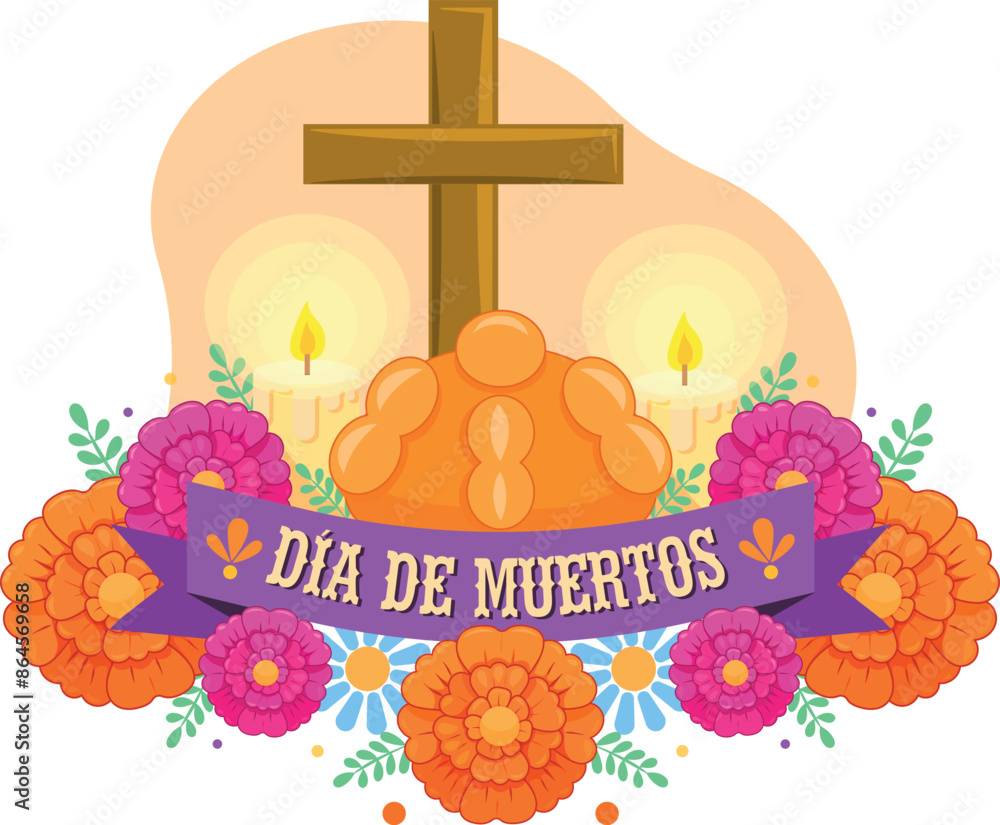 Vecteur Stock Día de muertos, altar con pan de muerto, cempasúchil ...