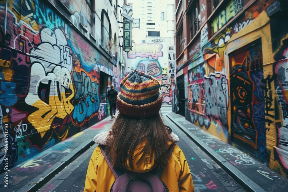 curious teenage girl exploring urban alley filled with vibrant street art midrange perspective ...