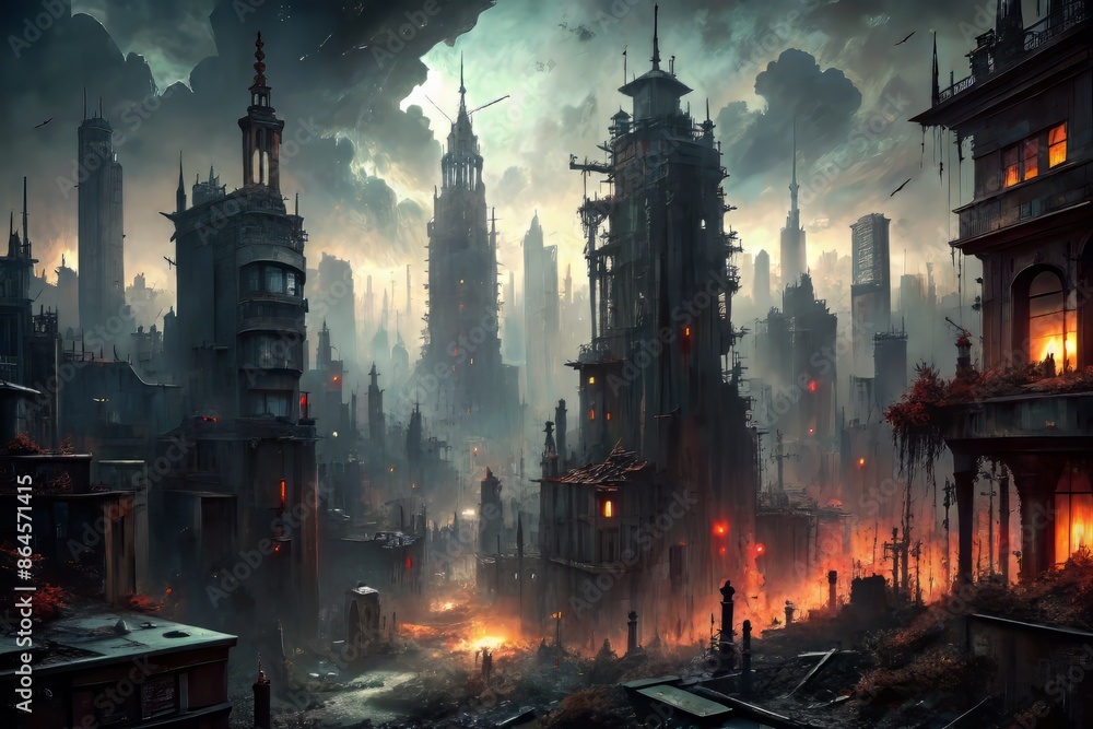 Eerie cityscape at dusk with twisted demonic silhouettes looming over ...