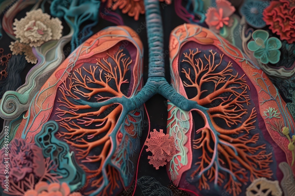 anatomically detailed illustration of human lungs with visible bronchi ...