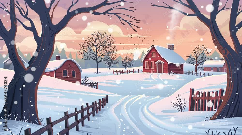 Snow-covered village houses along tree-lined pathway. Winter wonderland ...