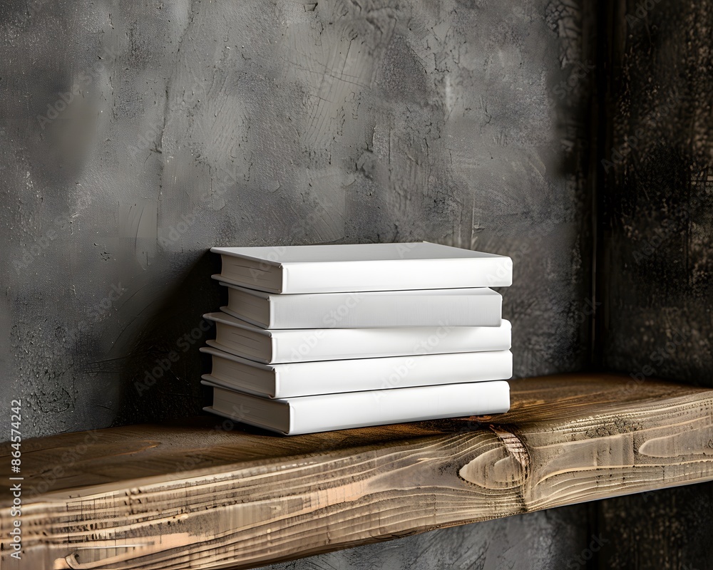 Blank white books stacked on a rustic wooden shelf against a gray ...