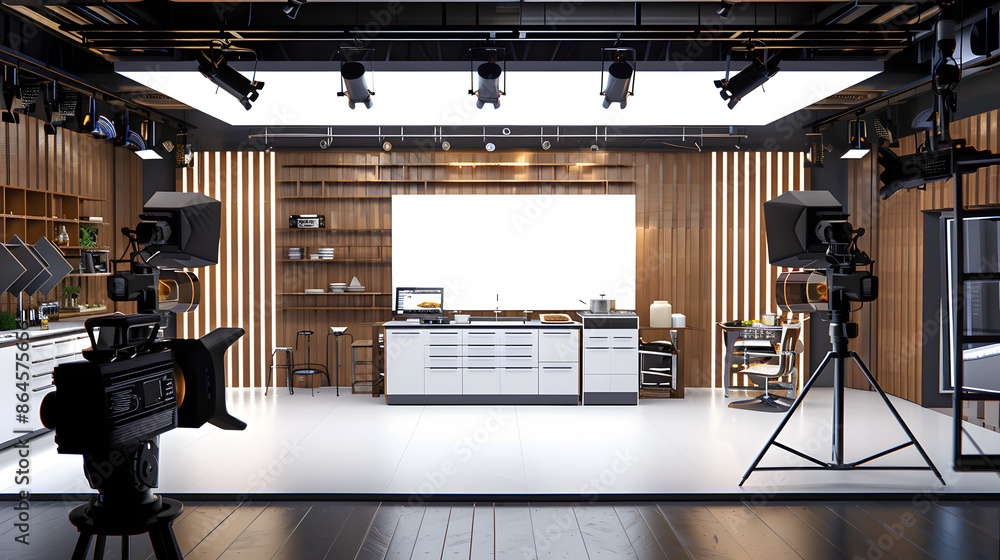 wide behind the scenes of studio set, shooting tv television cooking ...