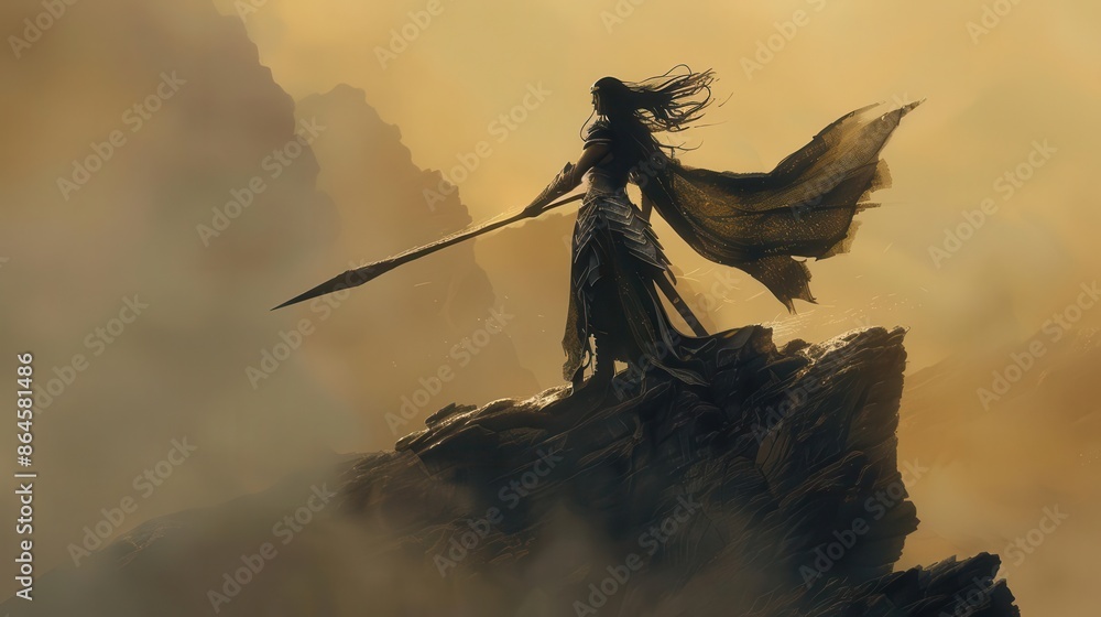 ethereal warrior queen in gleaming bronze armor standing atop a misty ...