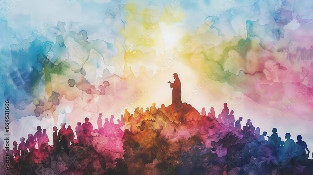 ethereal watercolor silhouette of jesus preaching on a mountaintop ...