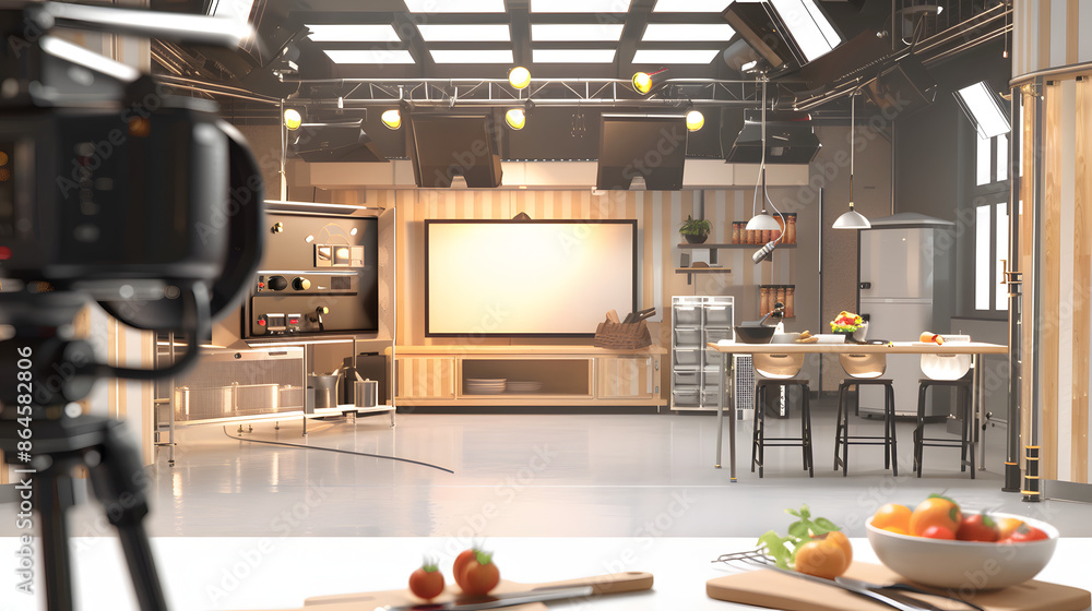 wide behind the scenes of studio set, shooting tv television cooking ...