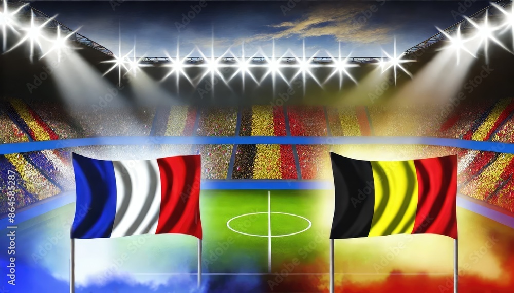 France vs Belgium football match, French flag, Belgian flag and stadium ...