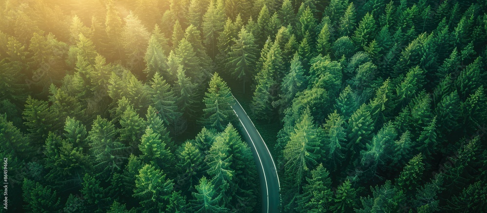 Overhead view of a road winding through a lush green forest of ...