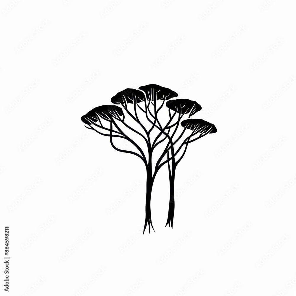 Simple vector graphic of an acacia tree in solid black on a white ...