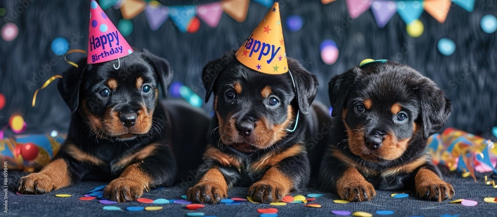 Three Rottweiler mixed breed puppies wearing colorful birthday party ...