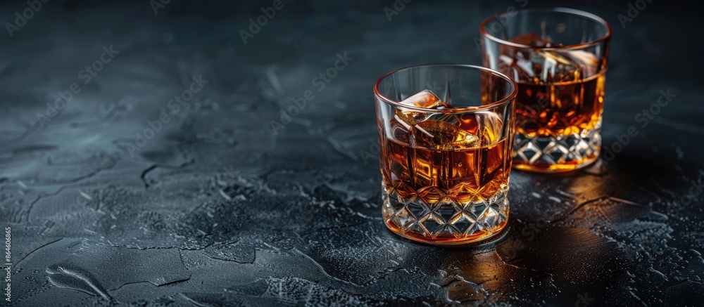 Three glasses of whiskey or bourbon on a dark table, creating a potent ...