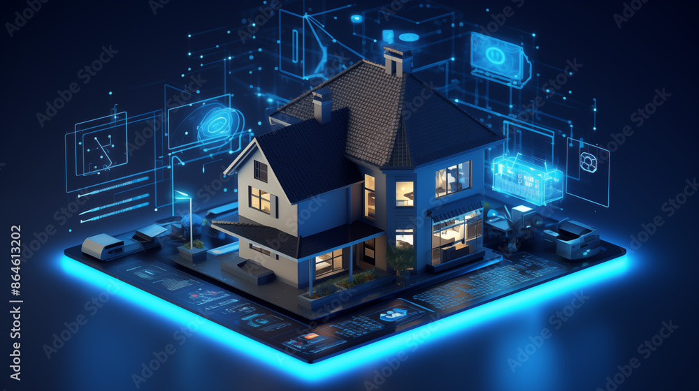 3D isometric rendering of smart home security system with holographic ...
