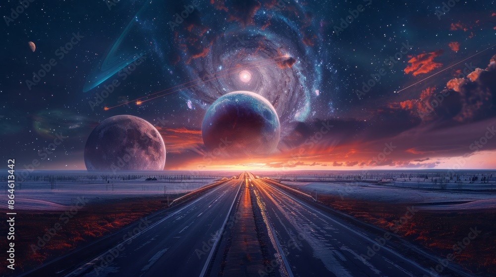 Stunning cosmic highway with planets above - A surreal cosmic scene ...