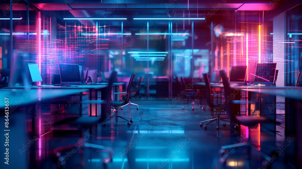 Modern neon cyberpunk open space office interior blurred with ...
