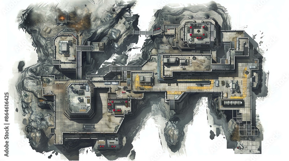 Top view of a military base. The base is divided into several sections ...