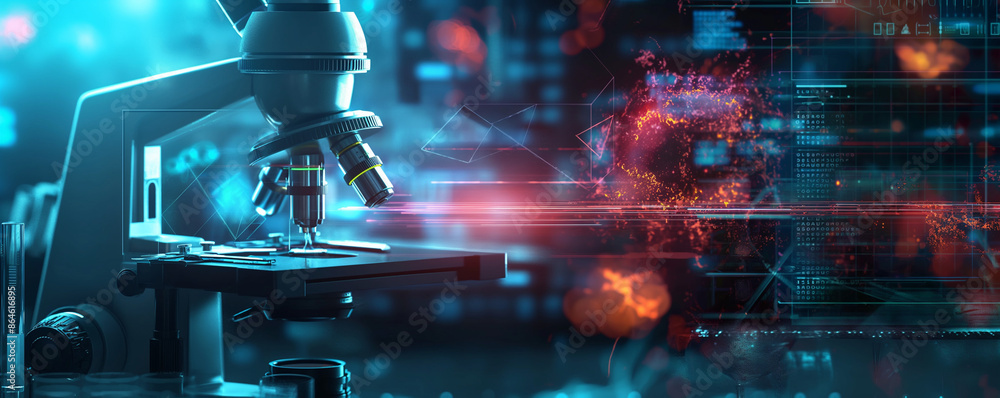 photo of microscope and test tubes with holographic futuristic ...