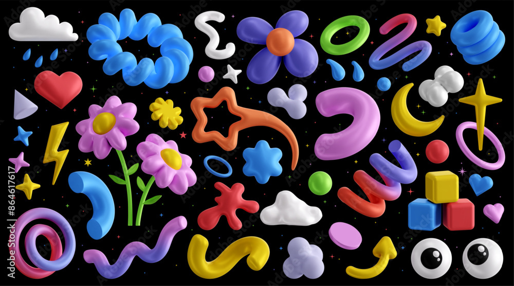 Colorful 3D shapes. Аbstract gradient lines, spark and star shape ...