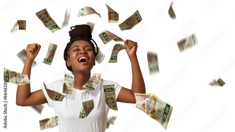 jamaica dollar notes raining on black African woman with braids excited ...