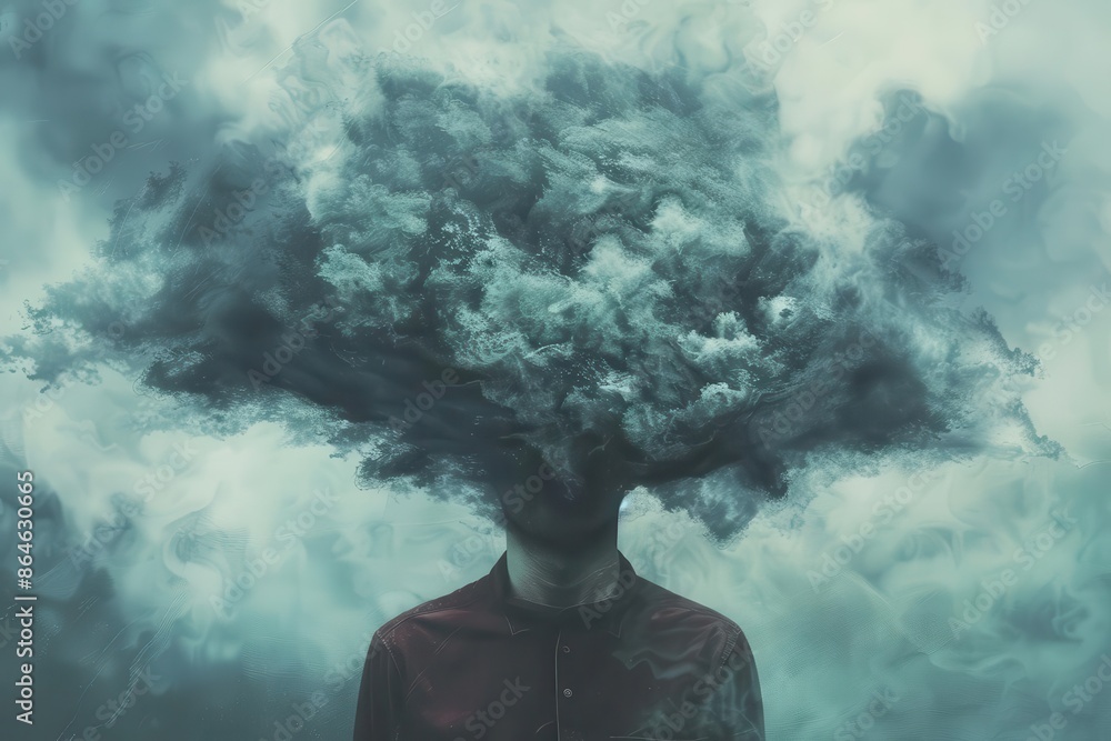 conceptual illustration of man with dark cloud over head mental health ...