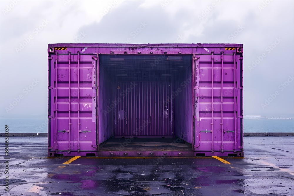 Purple shipping container with open doors against a backdrop of a ...