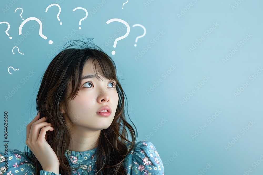 Young Asian Woman Thinking with Question Marks on Light Blue Background ...