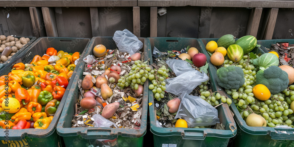 Food waste and organic composting bins filled with fruits, vegetables ...