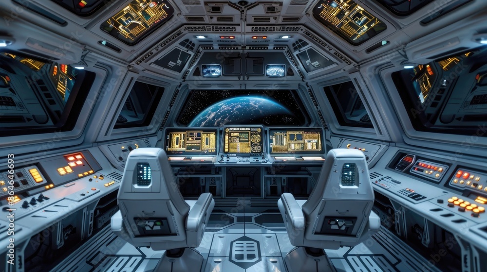 Sci-Fi Spaceship Bridge: A futuristic spaceship bridge set with control ...