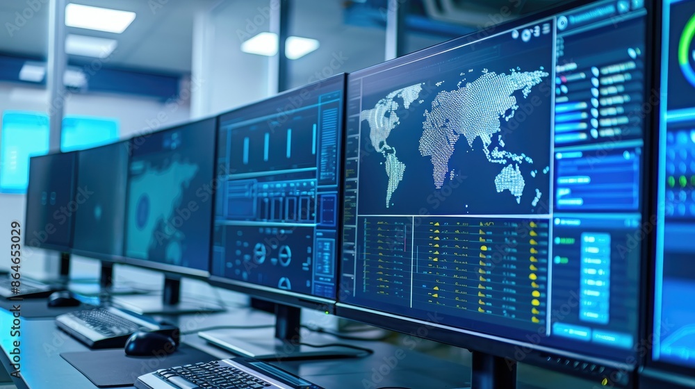 Modern Network Operations Center with multiple monitors displaying real-time data and global map ...