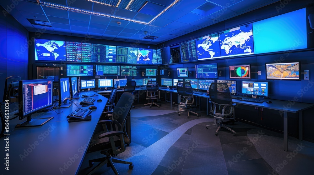Modern Network Operations Center with multiple computer monitors ...