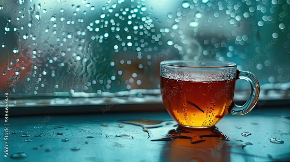 Steaming tea in a cup by a window, with raindrops on the glass creating ...
