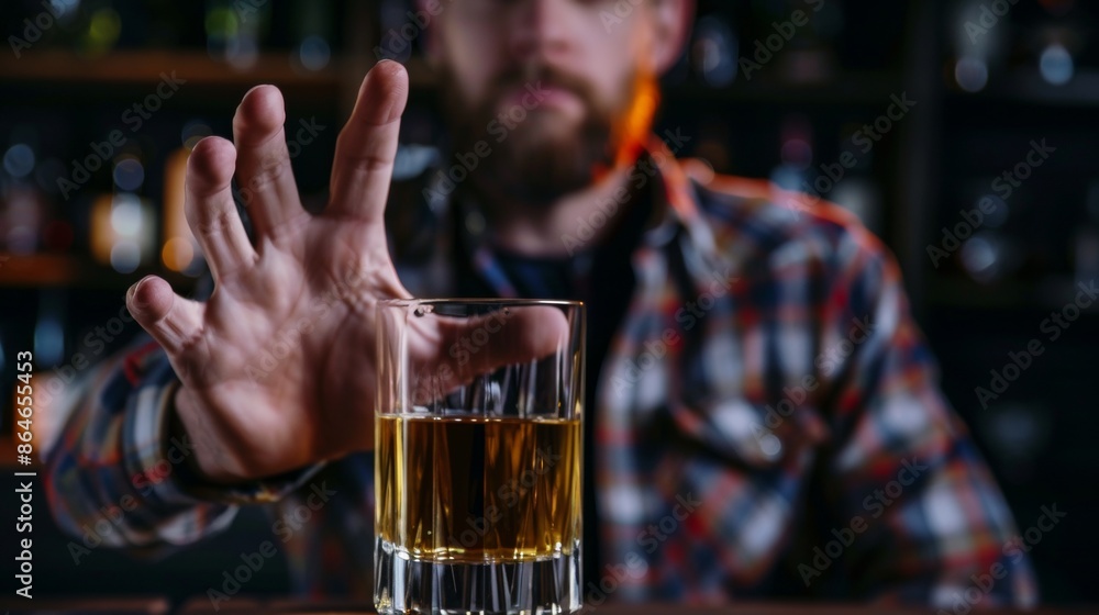 man refuses say no and avoid to drink an alcohol whiskey , stopping ...
