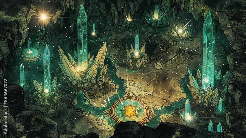 The image is a fantasy map of a lost cavern. The cavern is filled with ...