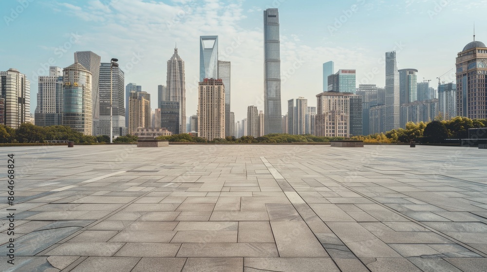 Empty square floor with city skyline background, Urban skyline in ...