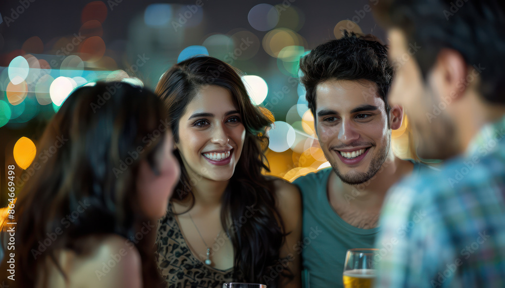 Friends Enjoying a Night Out at a Rooftop Bar with Stunning City Views ...
