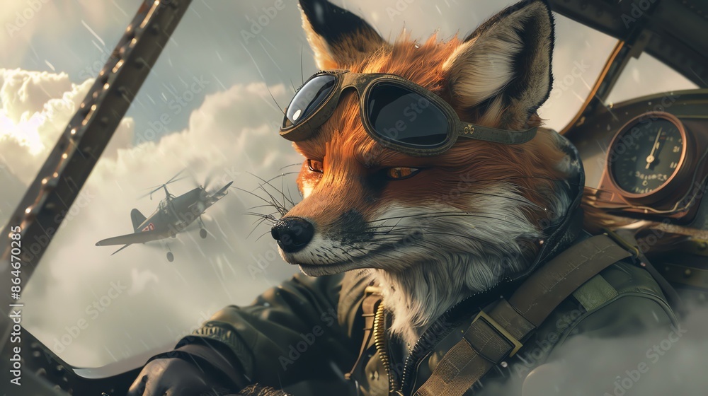 A brave fox pilot in a leather jacket and goggles sits in the cockpit ...