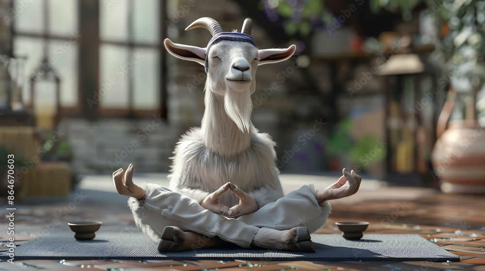 Goat in a yoga pose. The goat is sitting on a yoga mat with its eyes ...