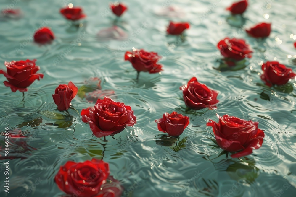sea water with plenty of thick red roses at bank and in water Stock ...