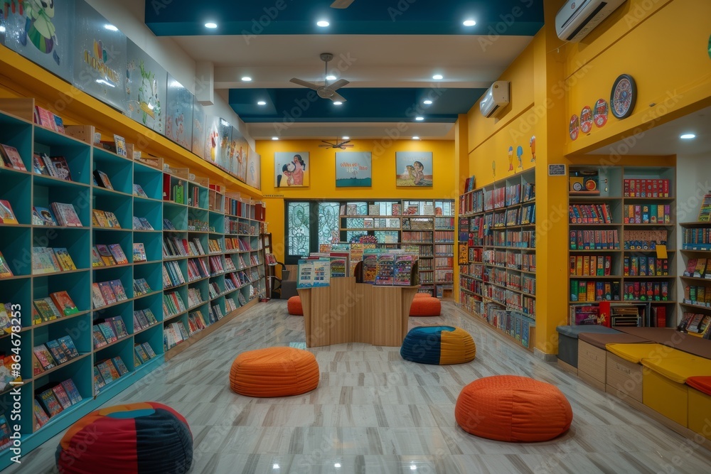 Colorful and inviting children's bookstore with bookshelves and ...