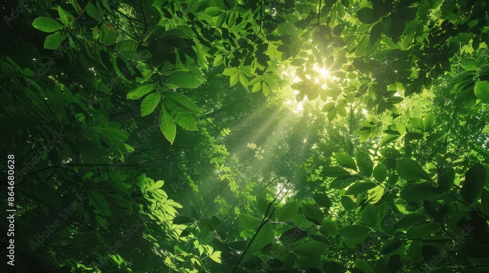 lush forest canopy from below sunlight filtering through leaves vibrant ...
