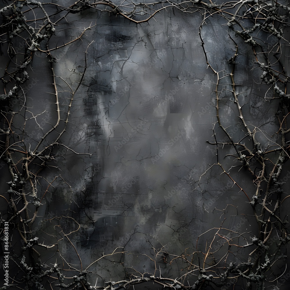 Gothic dark fantasy backdrop framed by dry branches, thorns, ivy. Old ...