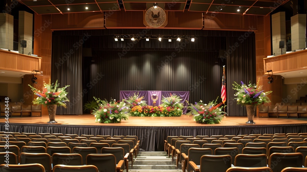 Graduation ceremony stage with a large banner, rows of seating for ...