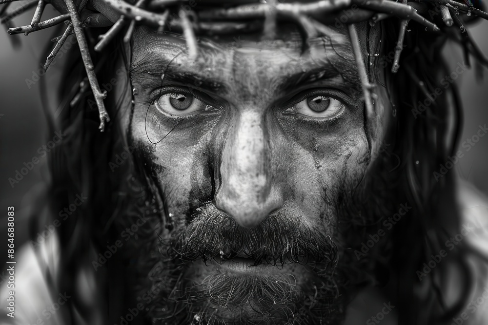 powerful black and white portrait of jesus wearing a crown of thorns ...
